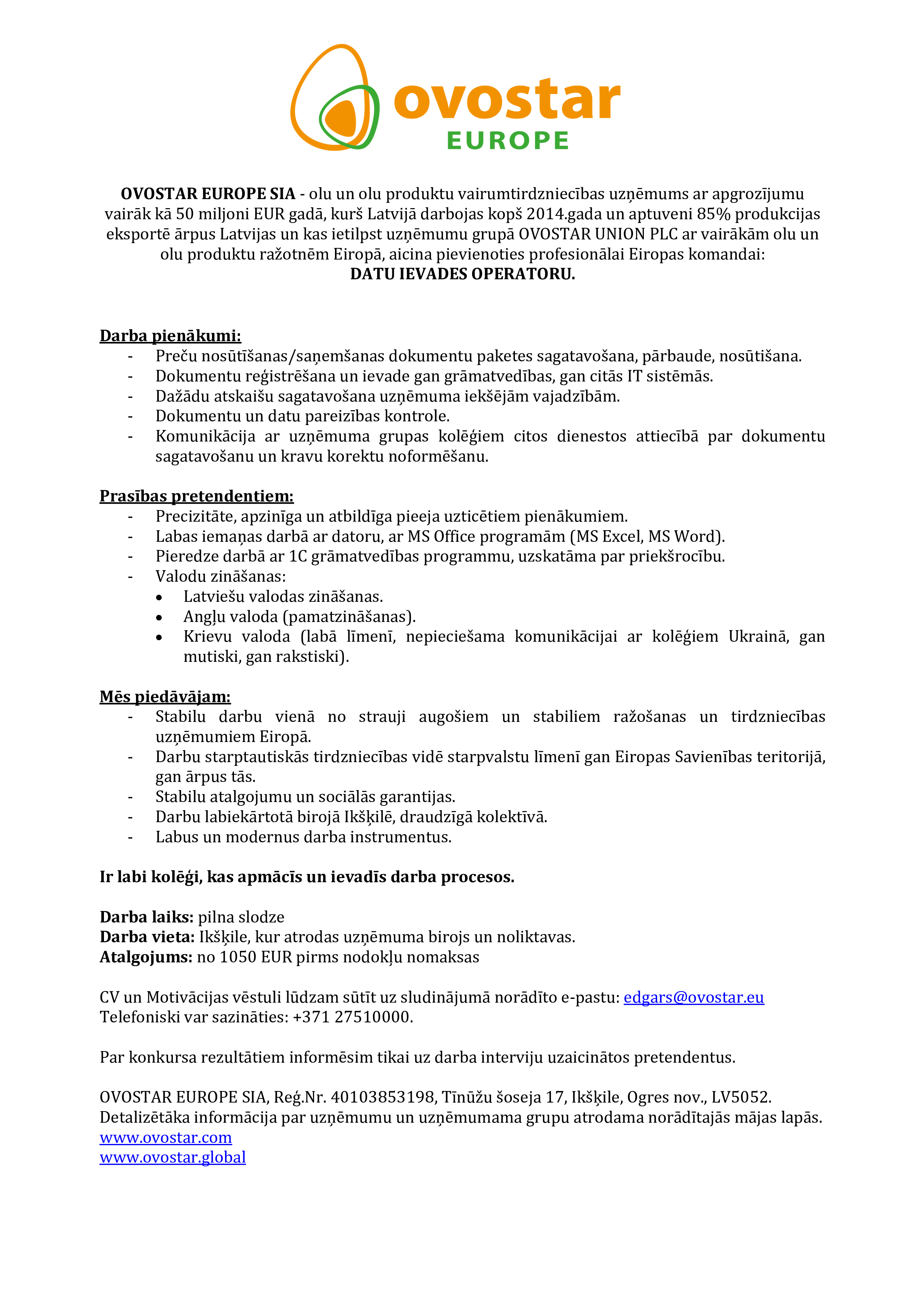 Datu ievades operators/-e | VisiDarbi.lv